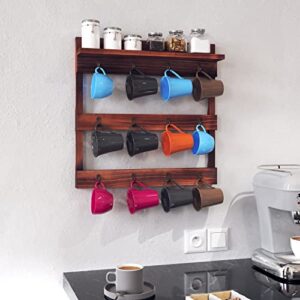 Rustic Mug Rack Wall Mounted With Shelf - 12 Coffee Cup Hangers - Built In Shelf for Coffee, Sugar & More! Wooden Coffee Mug Display And Organizer - Distressed Coffee Rack (Rustic Brown)