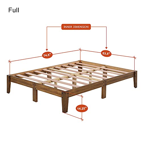 PrimaSleep 14 Inch Solid Wood Platform Bed Frame/Anti-Slip Support/No Box Spring Needed/Easy to Set, Full, Light Brown