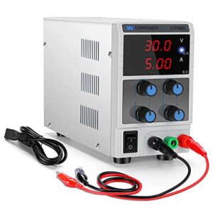 dc power supply variable 30v 5a 3-digital single-output 110v lab regulated power supply with alligator leads, power cord for diy electronics testing, repairing& researching