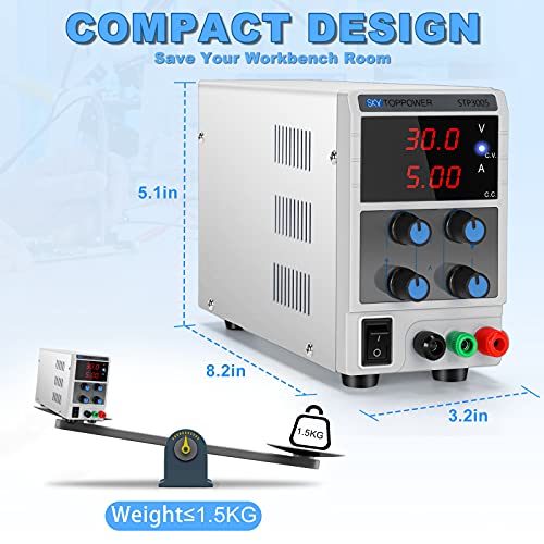 DC Power Supply Variable 30V 5A 3-Digital Single-Output 110V Lab Regulated Power Supply with Alligator Leads, Power Cord for DIY Electronics Testing, Repairing& Researching