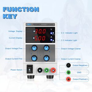 DC Power Supply Variable 30V 5A 3-Digital Single-Output 110V Lab Regulated Power Supply with Alligator Leads, Power Cord for DIY Electronics Testing, Repairing& Researching