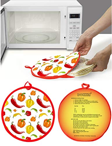 DOKKIA Tortilla Warmer Taco 12 Inch Insulated Cloth Pouch - Microwavable Use Fabric Bag to Keep Food Warm (12 Inch, Carnival Fiesta Themed Chili Pepper Party)