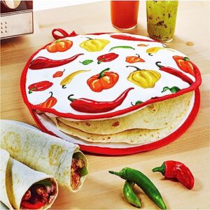 DOKKIA Tortilla Warmer Taco 12 Inch Insulated Cloth Pouch - Microwavable Use Fabric Bag to Keep Food Warm (12 Inch, Carnival Fiesta Themed Chili Pepper Party)