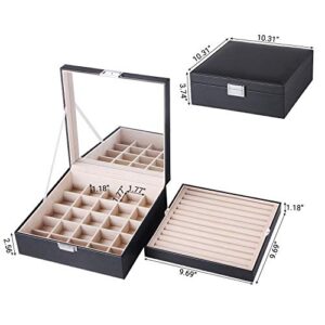 BEWISHOME Ring Organizer and Earring Box Holder - 11 Ring Slots, 25 Earring Compartments, Large Mirror, 2 Layers - Jewelry Box Tray Cufflinks Storage for Girls Women Men, Black Faux Leather SSH21B