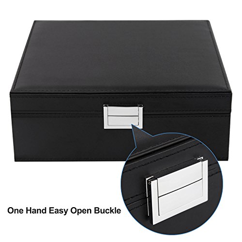 BEWISHOME Ring Organizer and Earring Box Holder - 11 Ring Slots, 25 Earring Compartments, Large Mirror, 2 Layers - Jewelry Box Tray Cufflinks Storage for Girls Women Men, Black Faux Leather SSH21B