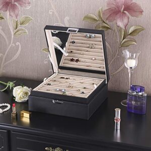 BEWISHOME Ring Organizer and Earring Box Holder - 11 Ring Slots, 25 Earring Compartments, Large Mirror, 2 Layers - Jewelry Box Tray Cufflinks Storage for Girls Women Men, Black Faux Leather SSH21B