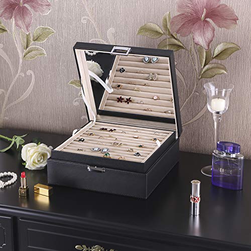 BEWISHOME Ring Organizer and Earring Box Holder - 11 Ring Slots, 25 Earring Compartments, Large Mirror, 2 Layers - Jewelry Box Tray Cufflinks Storage for Girls Women Men, Black Faux Leather SSH21B