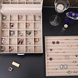 BEWISHOME Ring Organizer and Earring Box Holder - 11 Ring Slots, 25 Earring Compartments, Large Mirror, 2 Layers - Jewelry Box Tray Cufflinks Storage for Girls Women Men, Black Faux Leather SSH21B