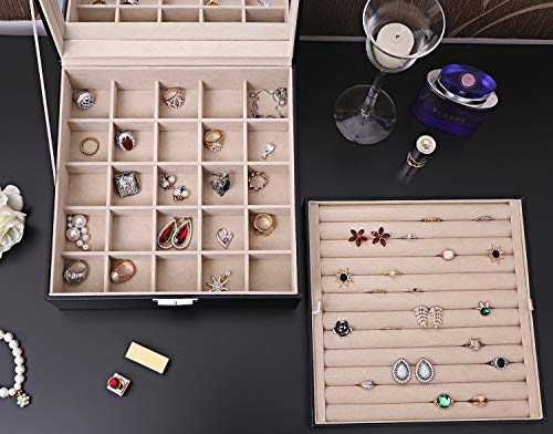 BEWISHOME Ring Organizer and Earring Box Holder - 11 Ring Slots, 25 Earring Compartments, Large Mirror, 2 Layers - Jewelry Box Tray Cufflinks Storage for Girls Women Men, Black Faux Leather SSH21B