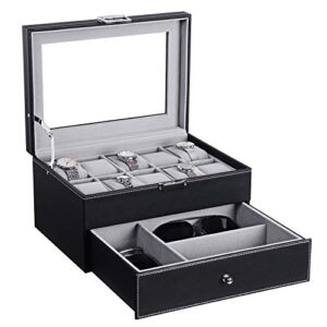 bewishome watch box organizer with valet drawer - real glass top, metal hinge, large holder, black pu leather - 10 slots watch storage case jewelry box for men ssh14b