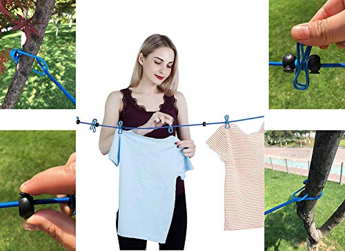 Newraturner 2 Pack Portable Clothesline with 12 Clothespins, Windproof Travel Clothesline Stretchy Retractable Elastic Laundry Clothes Line for Backyard, Vacation Hotel, Balcony Clothes Drying Line