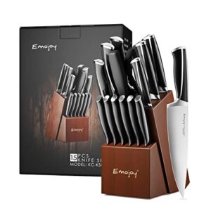 knife set, emojoy 15 piece kitchen knife set with block wooden, german stainless steel sharp chef knife set with sharpener, dishwasher safe and rust proof (black)