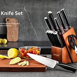 Knife Set, Emojoy 15 Piece Kitchen Knife Set with Block Wooden, German Stainless Steel Sharp Chef Knife Set with Sharpener, Dishwasher Safe and Rust Proof (Black)