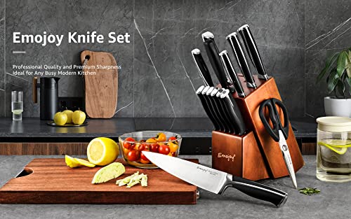 Knife Set, Emojoy 15 Piece Kitchen Knife Set with Block Wooden, German Stainless Steel Sharp Chef Knife Set with Sharpener, Dishwasher Safe and Rust Proof (Black)