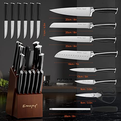 Knife Set, Emojoy 15 Piece Kitchen Knife Set with Block Wooden, German Stainless Steel Sharp Chef Knife Set with Sharpener, Dishwasher Safe and Rust Proof (Black)