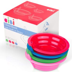 Cereal Bowls with Straws for Kids by CIBI | BPA-Free Plastic | Toddler Sip-A-Bowls with Built-In Straw for Cereal and Soup | Set of 4 Colorful Breakfast Bowls