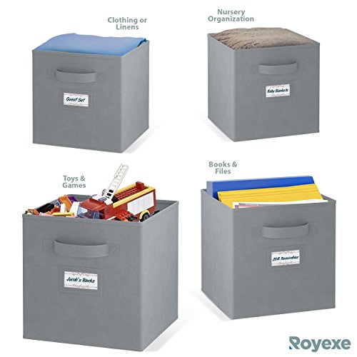 Royexe Item Container 11 Inch Storage Cubes (Set of 8) Storage Baskets, Features Dual Handles & 10 Label Window Cards, Foldable Fabric Closet Shelf, Drawer Organizers Storage, Polypropylene, Gray