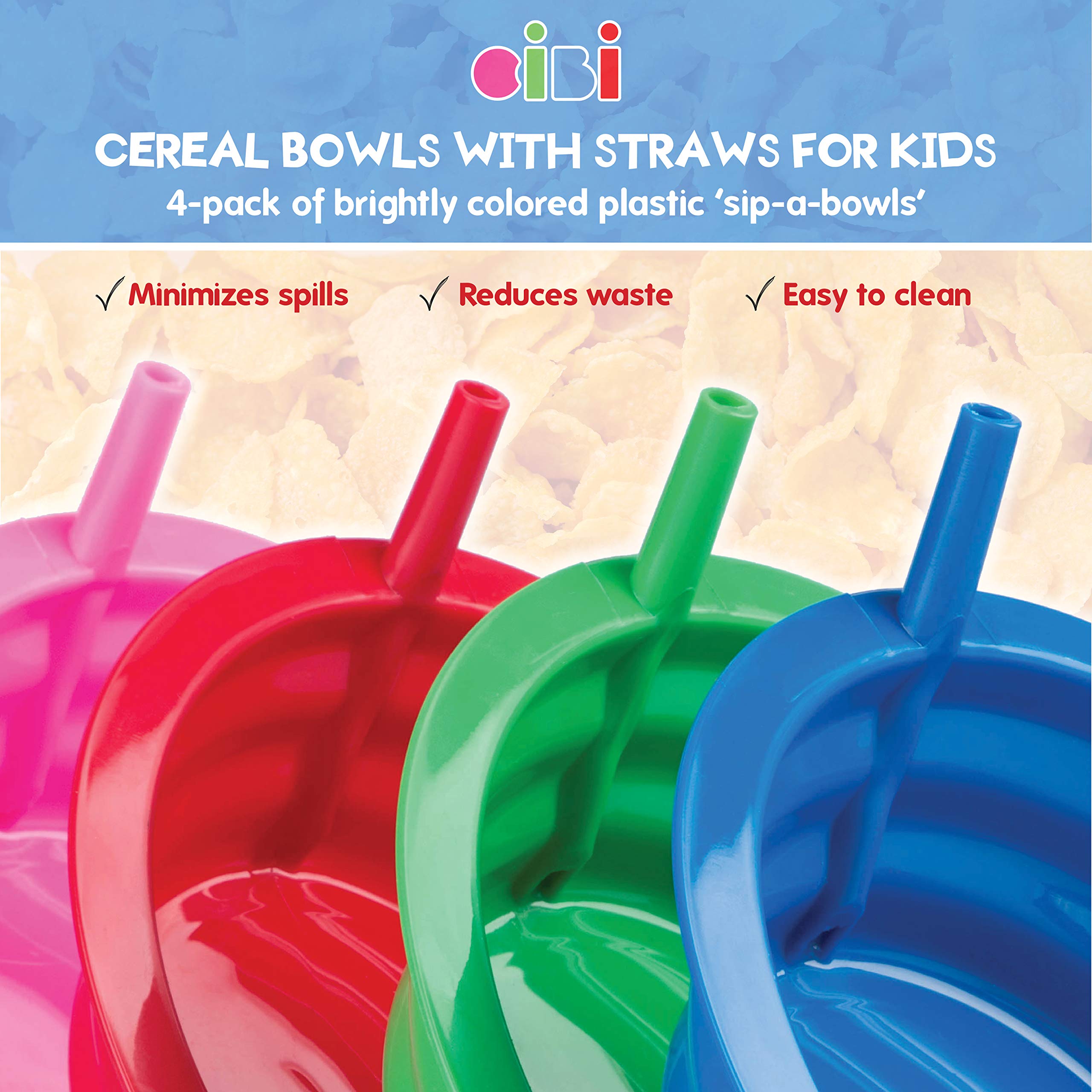 Cereal Bowls with Straws for Kids by CIBI | BPA-Free Plastic | Toddler Sip-A-Bowls with Built-In Straw for Cereal and Soup | Set of 4 Colorful Breakfast Bowls