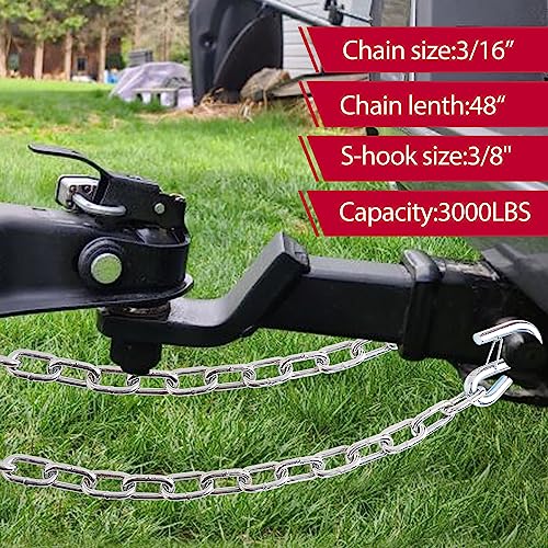 NBJINGYI 3/16" X 48" Trailer Safety Chain with Spring Clips Grade 30 with 2 S Hook 2PCS