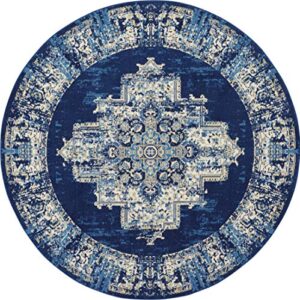 Nourison Grafix Persian Navy Blue 8' x ROUND Area Rug, Easy -Cleaning, Non Shedding, Bed Room, Living Room, Dining Room, Kitchen (8 Round)