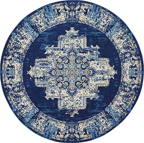 Nourison Grafix Persian Navy Blue 8' x ROUND Area Rug, Easy -Cleaning, Non Shedding, Bed Room, Living Room, Dining Room, Kitchen (8 Round)