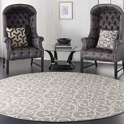 Nourison Grafix Floral Grey 8' x ROUND Area -Rug, Easy -Cleaning, Non Shedding, Bed Room, Living Room, Dining Room, Kitchen (8 Round)