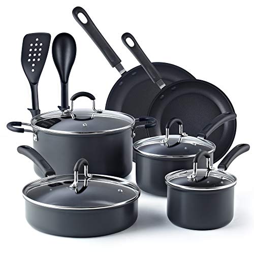 Cook N Home Pots and Pans Set Nonstick Professional Hard Anodized Cookware Sets 12-Piece, Dishwasher Safe with Stay-Cool Handles, Black