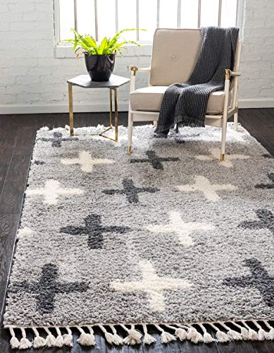 Unique Loom Hygge Shag Collection Modern Moroccan Inspired, Geometric Design, Plush & Cozy Area Rug, Rectangular 4' 0" x 6' 0", Light Gray/Ivory