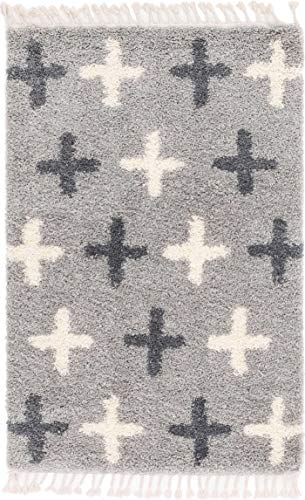 Unique Loom Hygge Shag Collection Modern Moroccan Inspired, Geometric Design, Plush & Cozy Area Rug, Rectangular 4' 0" x 6' 0", Light Gray/Ivory