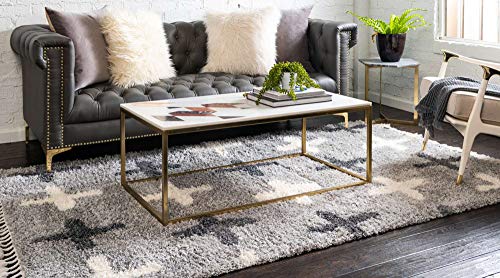 Unique Loom Hygge Shag Collection Modern Moroccan Inspired, Geometric Design, Plush & Cozy Area Rug, Rectangular 4' 0" x 6' 0", Light Gray/Ivory