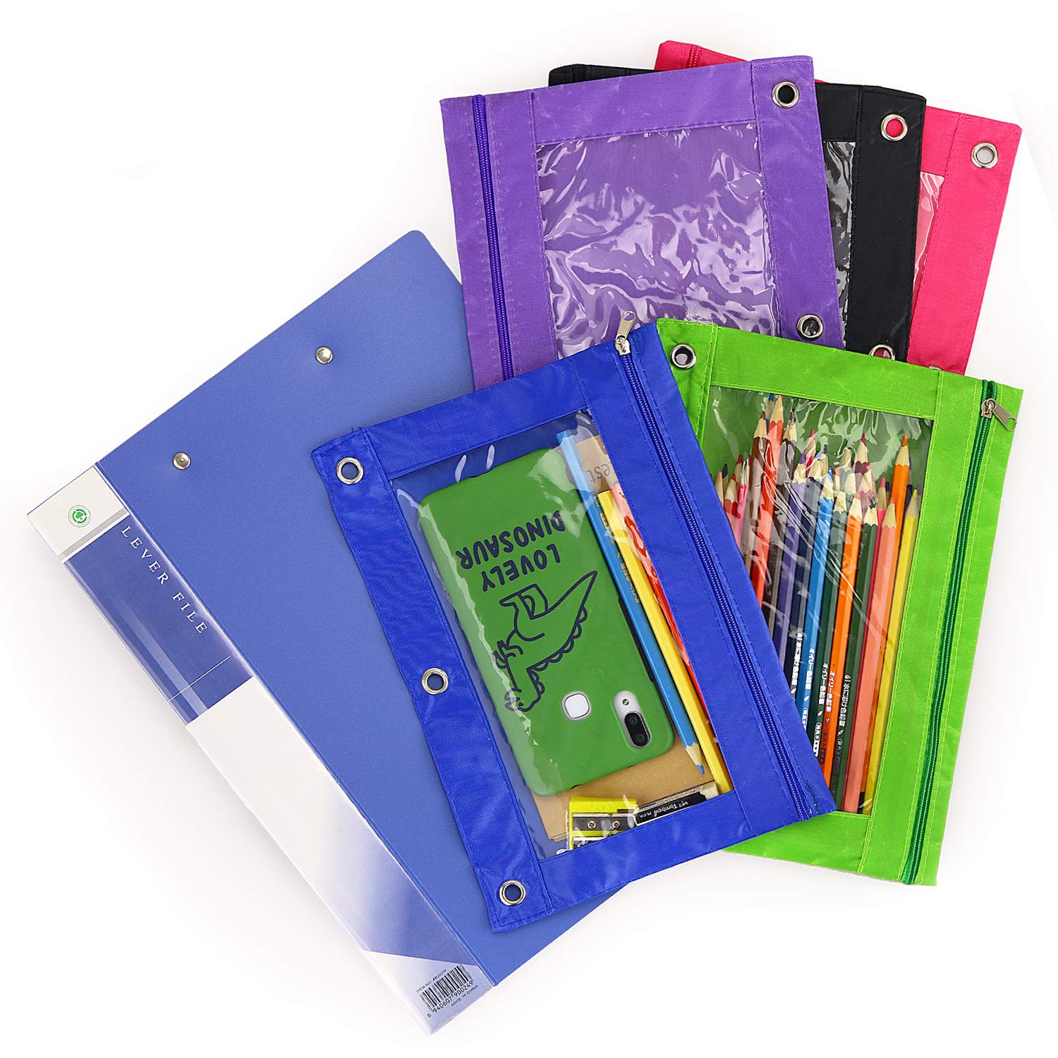 YOUSHARES 3 Ring Binder Pencil Pouch - 5 Pack Colored Pen Holder Zipper Pencil Case, Handy Organization Binder Pockets with Clear Window for School, Office and Art