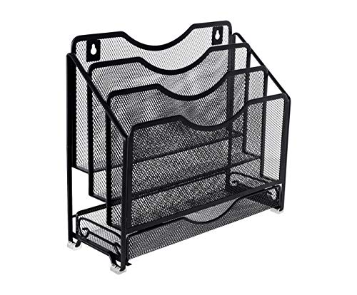 EasyPAG Mesh Desk Paper Organizer Wall Hanging File Holder with 3 Upright File Organizer and Sliding Drawer,Black