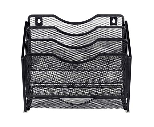 EasyPAG Mesh Desk Paper Organizer Wall Hanging File Holder with 3 Upright File Organizer and Sliding Drawer,Black