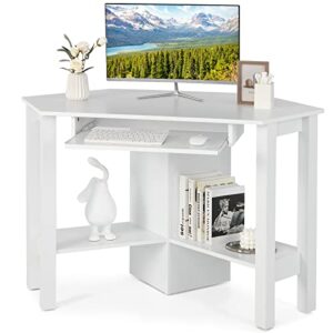 tangkula corner desk with keyboard tray, triangle corner computer desk for small space, bedroom corner makeup vanity desk with storage shelves, space saving corner writing desk