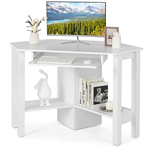 Tangkula Corner Desk with Keyboard Tray, Triangle Corner Computer Desk for Small Space, Bedroom Corner Makeup Vanity Desk with Storage Shelves, Space Saving Corner Writing Desk