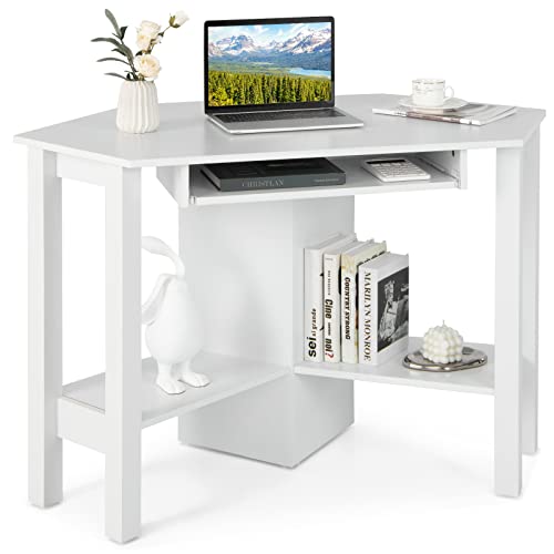 Tangkula Corner Desk with Keyboard Tray, Triangle Corner Computer Desk for Small Space, Bedroom Corner Makeup Vanity Desk with Storage Shelves, Space Saving Corner Writing Desk