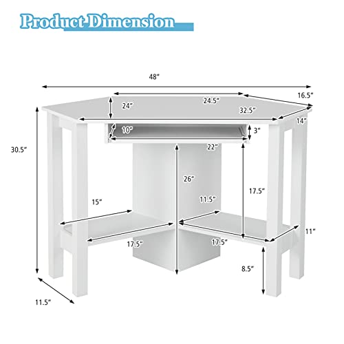 Tangkula Corner Desk with Keyboard Tray, Triangle Corner Computer Desk for Small Space, Bedroom Corner Makeup Vanity Desk with Storage Shelves, Space Saving Corner Writing Desk