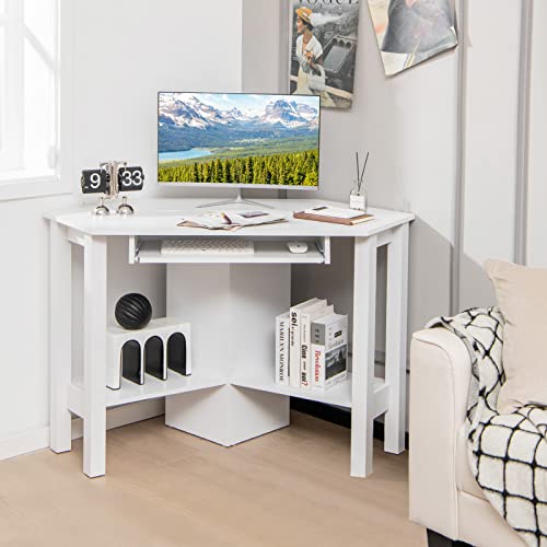 Tangkula Corner Desk with Keyboard Tray, Triangle Corner Computer Desk for Small Space, Bedroom Corner Makeup Vanity Desk with Storage Shelves, Space Saving Corner Writing Desk