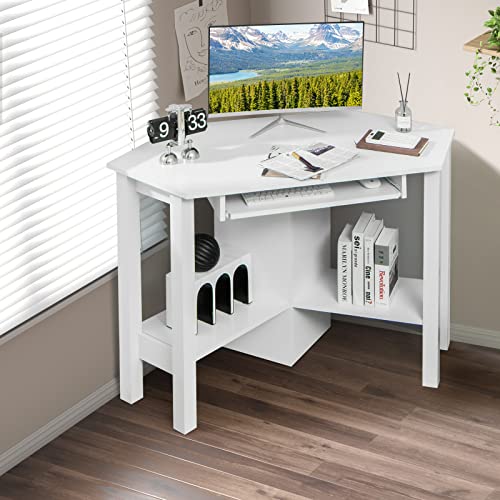 Tangkula Corner Desk with Keyboard Tray, Triangle Corner Computer Desk for Small Space, Bedroom Corner Makeup Vanity Desk with Storage Shelves, Space Saving Corner Writing Desk