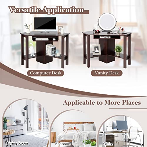 Tangkula Corner Desk with Keyboard Tray, Triangle Corner Computer Desk for Small Space, Bedroom Corner Makeup Vanity Desk with Storage Shelves, Space Saving Corner Writing Desk