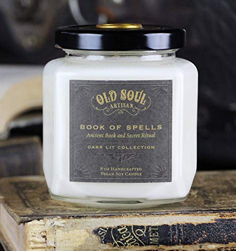 Book of Spells - Old Book Lovers Candle - Antique Library Spellbook Scented Bookish Literary Gift for Bookworms, Readers, Writers, and Literature Bibliophile - 9oz Vegan Soy