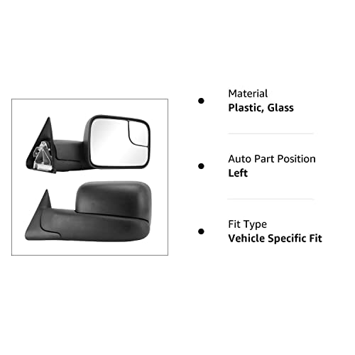 Perfit Zone TOWING MIRROR Replacement Fit For 1994-2002 RAM PAIR MANUAL, Without HEATED Without SIGNAL Manual Black