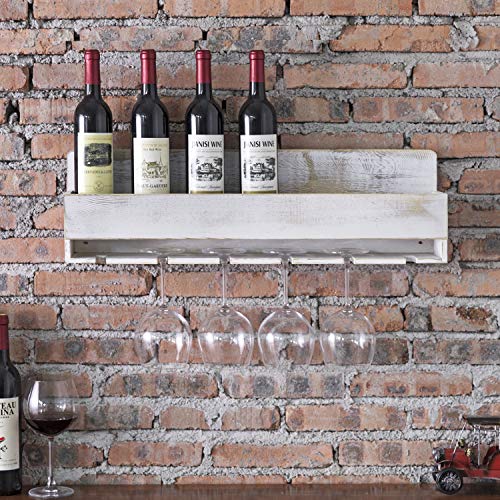 MyGift Rustic Whitewashed Wood Wall Mounted Wine Bottle Holder Shelf and Wine Glass Holder Stemware Storage