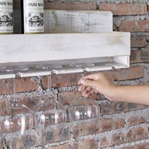 MyGift Rustic Whitewashed Wood Wall Mounted Wine Bottle Holder Shelf and Wine Glass Holder Stemware Storage