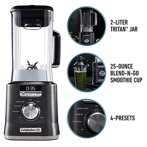 Calphalon Auto-Speed 68 Oz Blender with Blend-N-Go Smoothie Cup and BPA-free Tritan Jar | 1100-Watt Base, Dark Stainless Steel