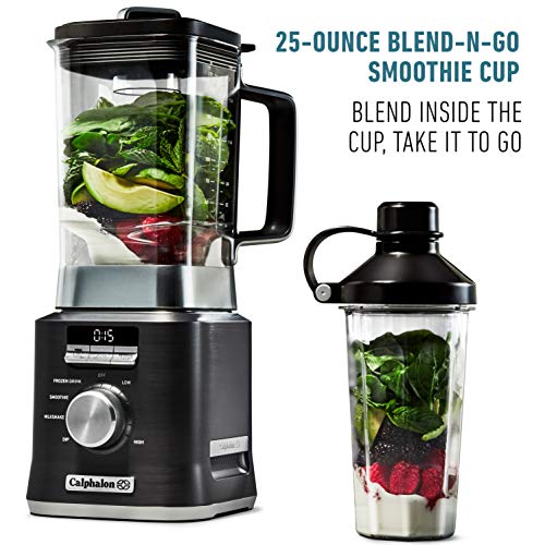 Calphalon Auto-Speed 68 Oz Blender with Blend-N-Go Smoothie Cup and BPA-free Tritan Jar | 1100-Watt Base, Dark Stainless Steel