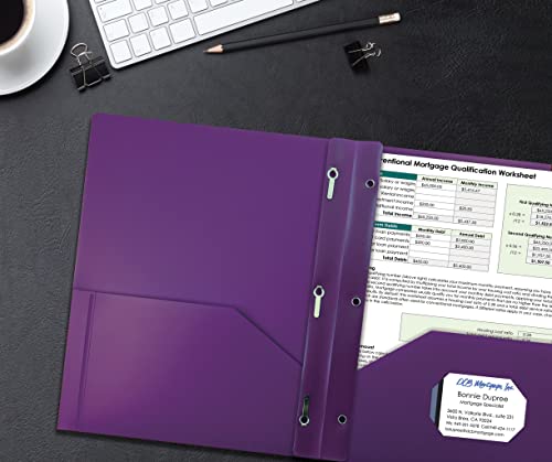 Better Office Products Purple Plastic 2 Pocket Folders with Prongs, Heavyweight, Letter Size Poly Folders, 24 Pack, with 3 Metal Prongs Fastener Clips, Purple