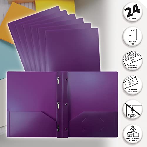 Better Office Products Purple Plastic 2 Pocket Folders with Prongs, Heavyweight, Letter Size Poly Folders, 24 Pack, with 3 Metal Prongs Fastener Clips, Purple