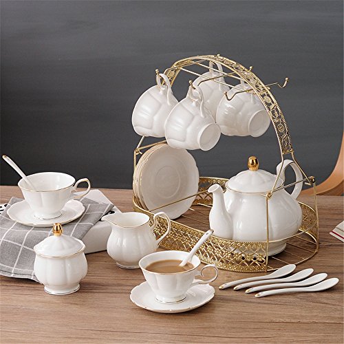 ufengke 15 Pieces Simple White English Ceramic Tea Sets,Tea Pot,Bone China Cups with Metal Holder Matching Spoons,Afternoon Tea Set Service Coffee Set