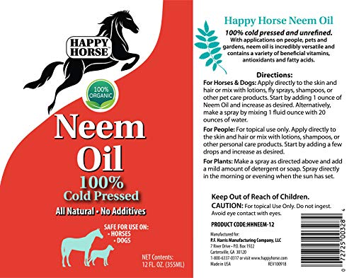 Happy Horse Neem Oil, 100% Cold Pressed and Unrefined, Cosmetic Grade, Add to Horse Fly Spray, 12oz